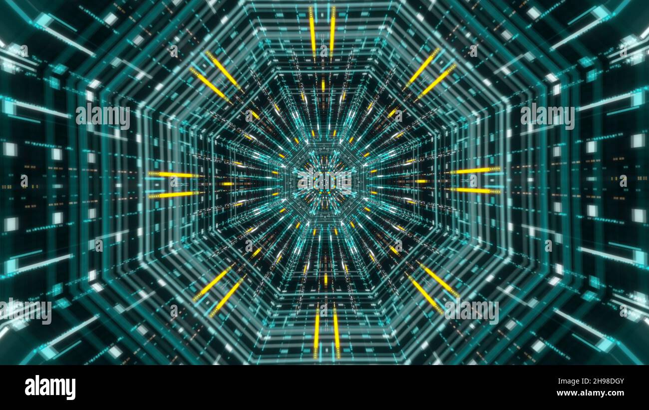 Moving forward inside fluorescent neon glowing light lines. Beautiful futuristic abstraction of ...