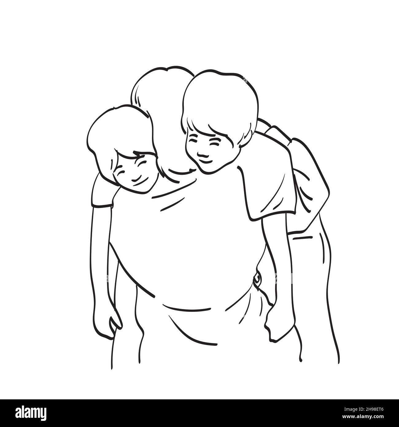 line art strong mother holding her children illustration vector hand ...