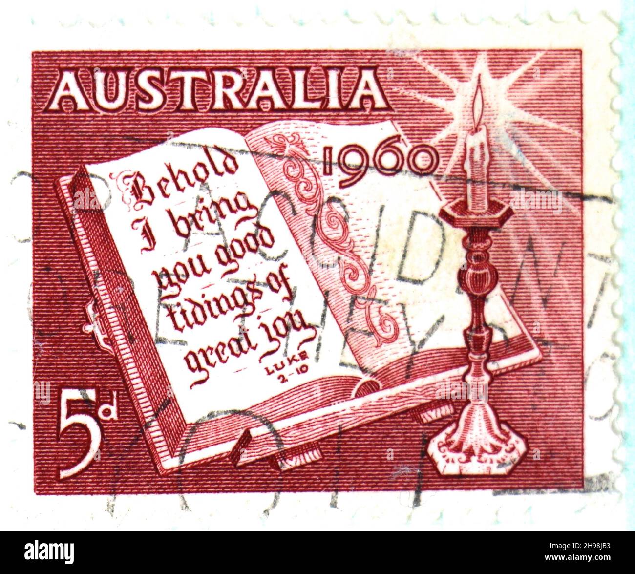 Photo of a red 5d Australian postage stamp Christmas 1960 with an image ...