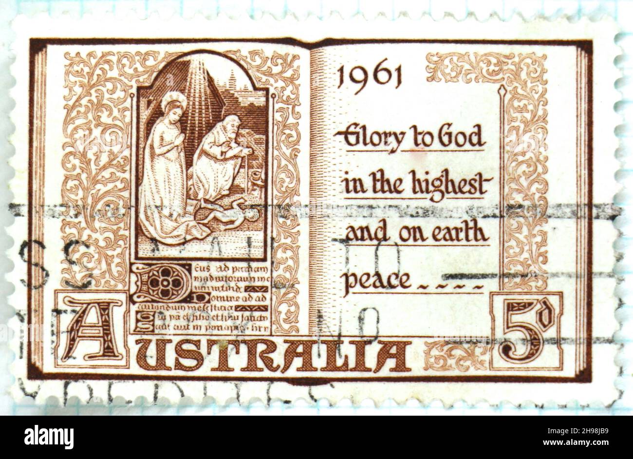 Photo of a brown 5d Australian postage stamp Christmas 1961 with an ...