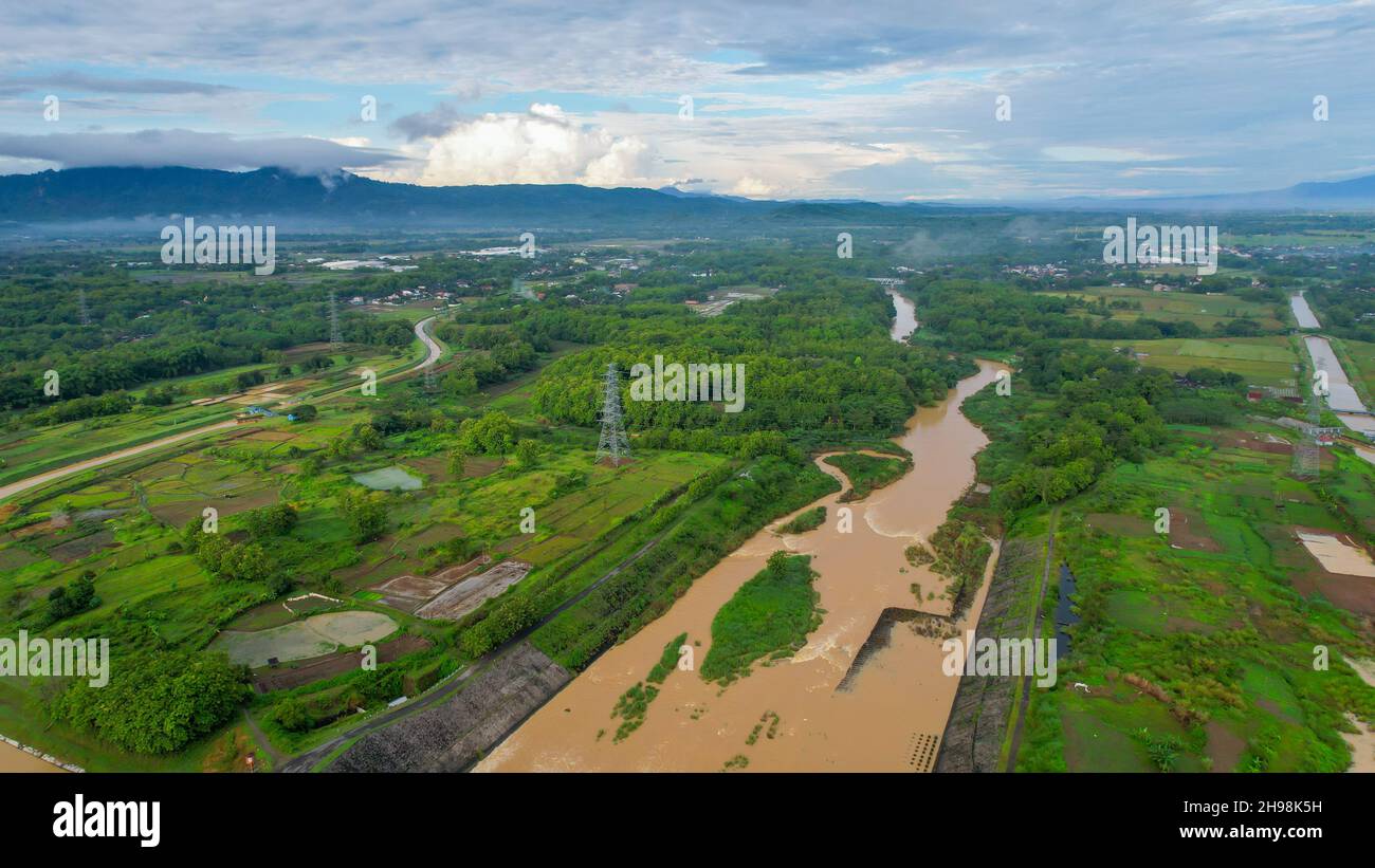 Aerial view of Colo Water Dam in dry season. Solo - Indonesia. December ...