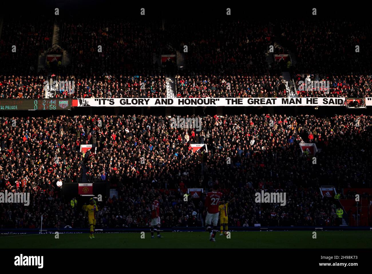 General view as the low winter sun shines across messages written in ...