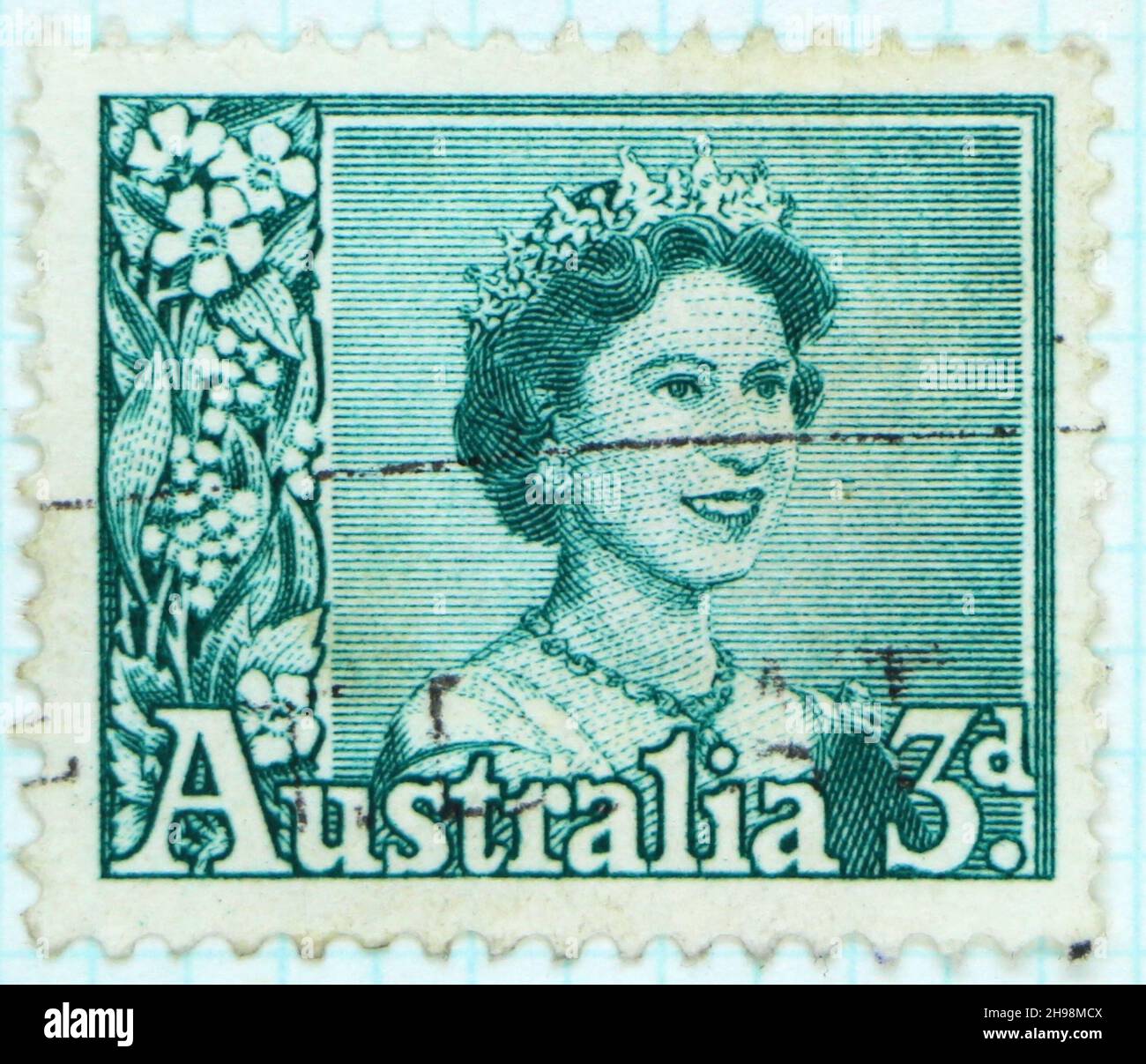 Photo of a green Australian postage stamp 3d with Queen Elizabeth II in ...
