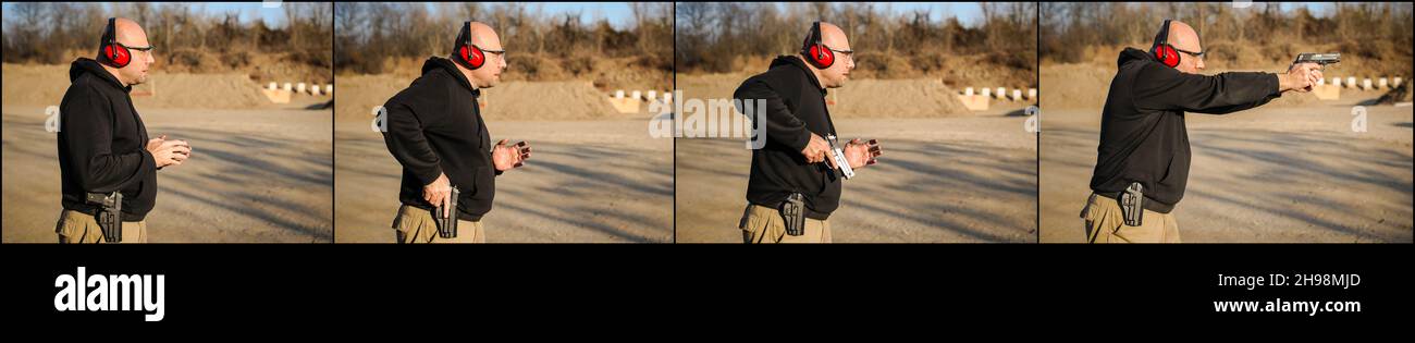 Time sequence of man pulls out a gun at outdoor shooting range. Pistol ...