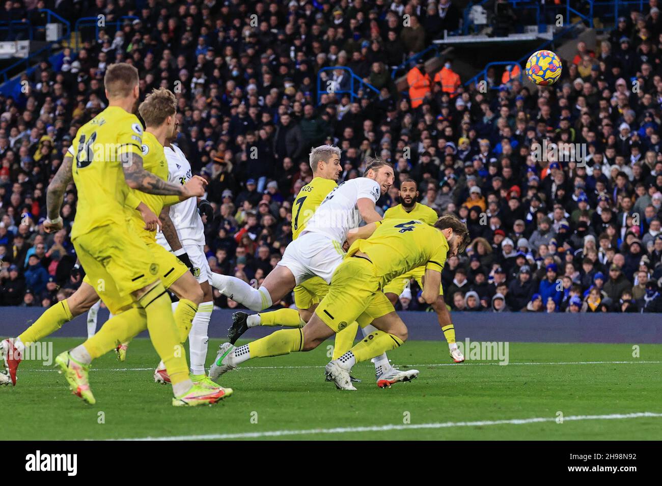 Luke Ayling #2 of Leeds United heads on goal, great save from Álvaro ...