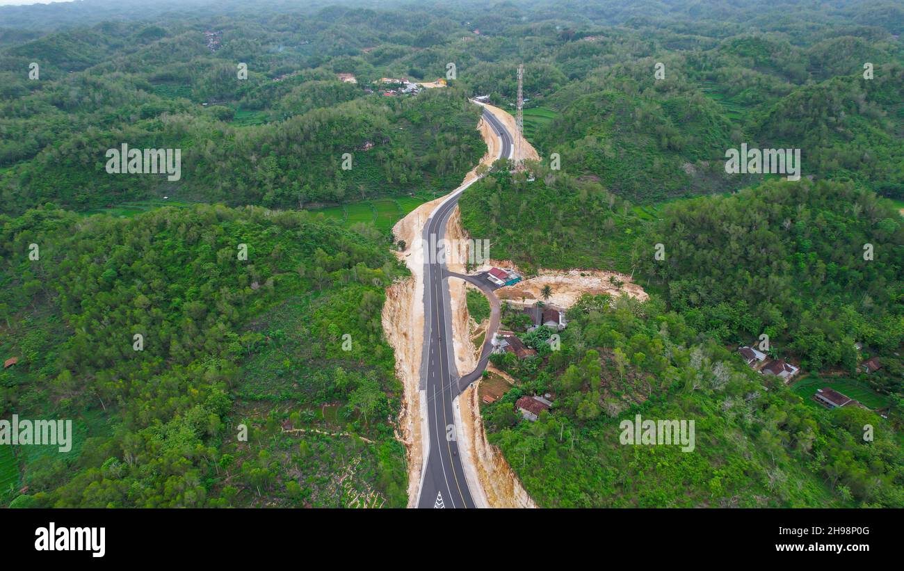 Aerial view of highway with beautiful views. the southern Java crossing ...