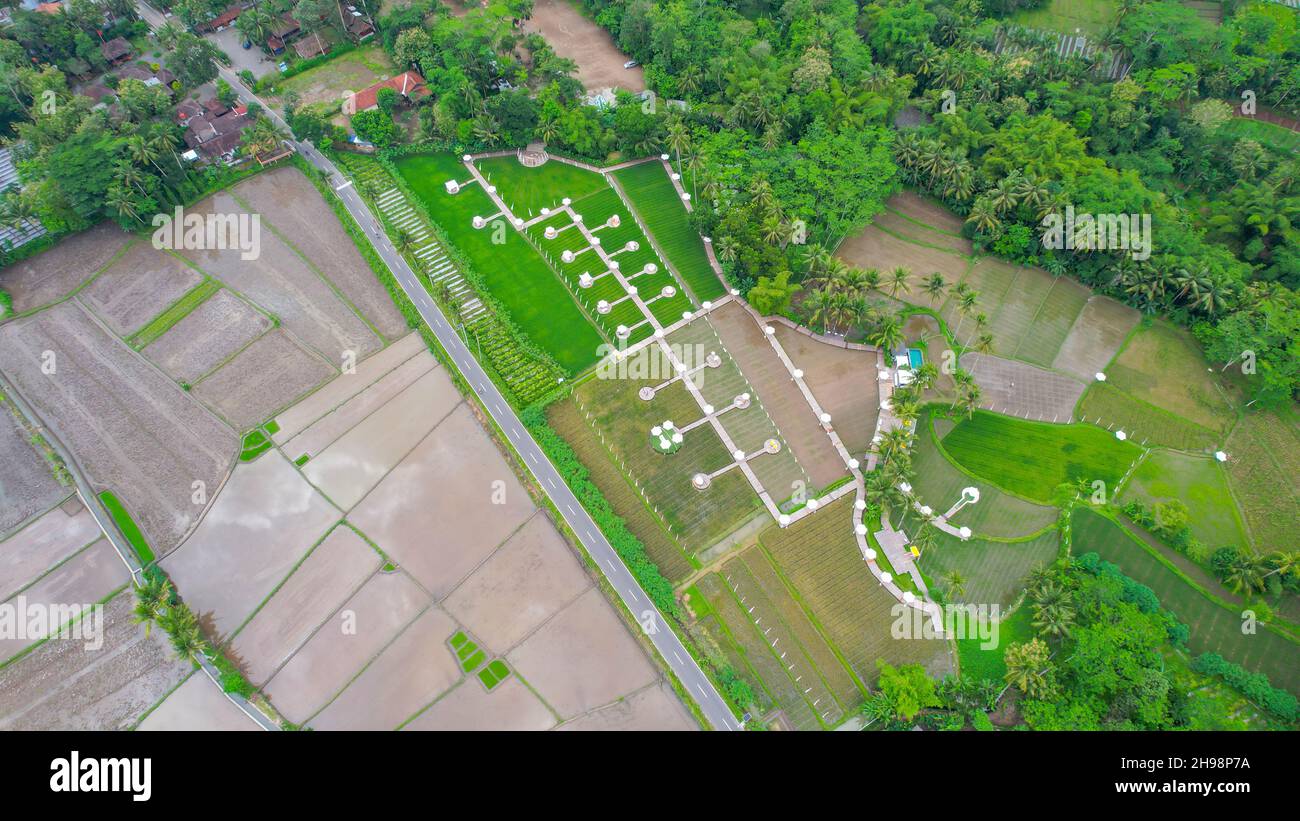 Aerial view of At Svargabumi Borobudur. Seeing the green rice fields ...