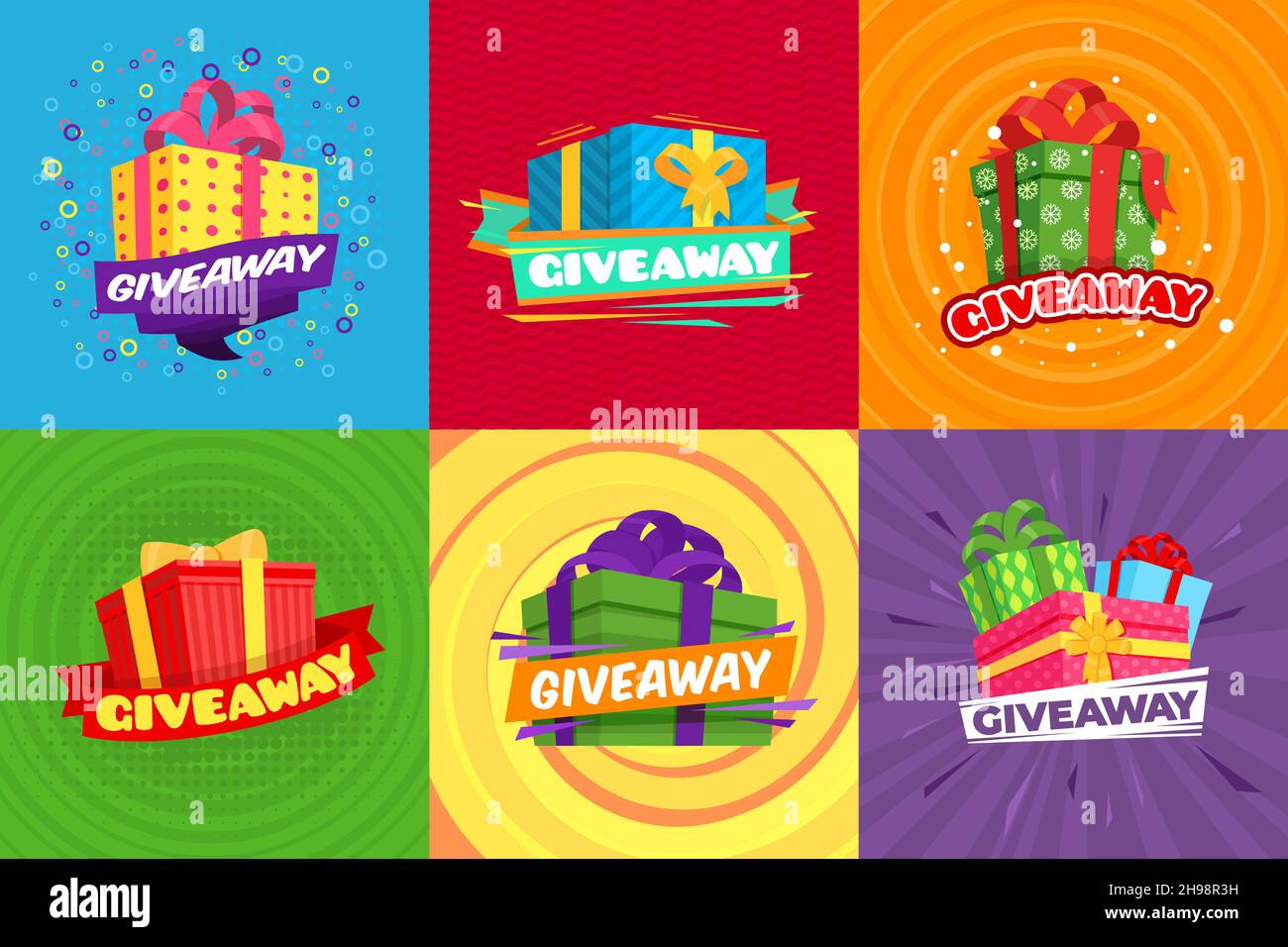Giveaway posters. Box gifts sale, event winner banners. Giving presents ...