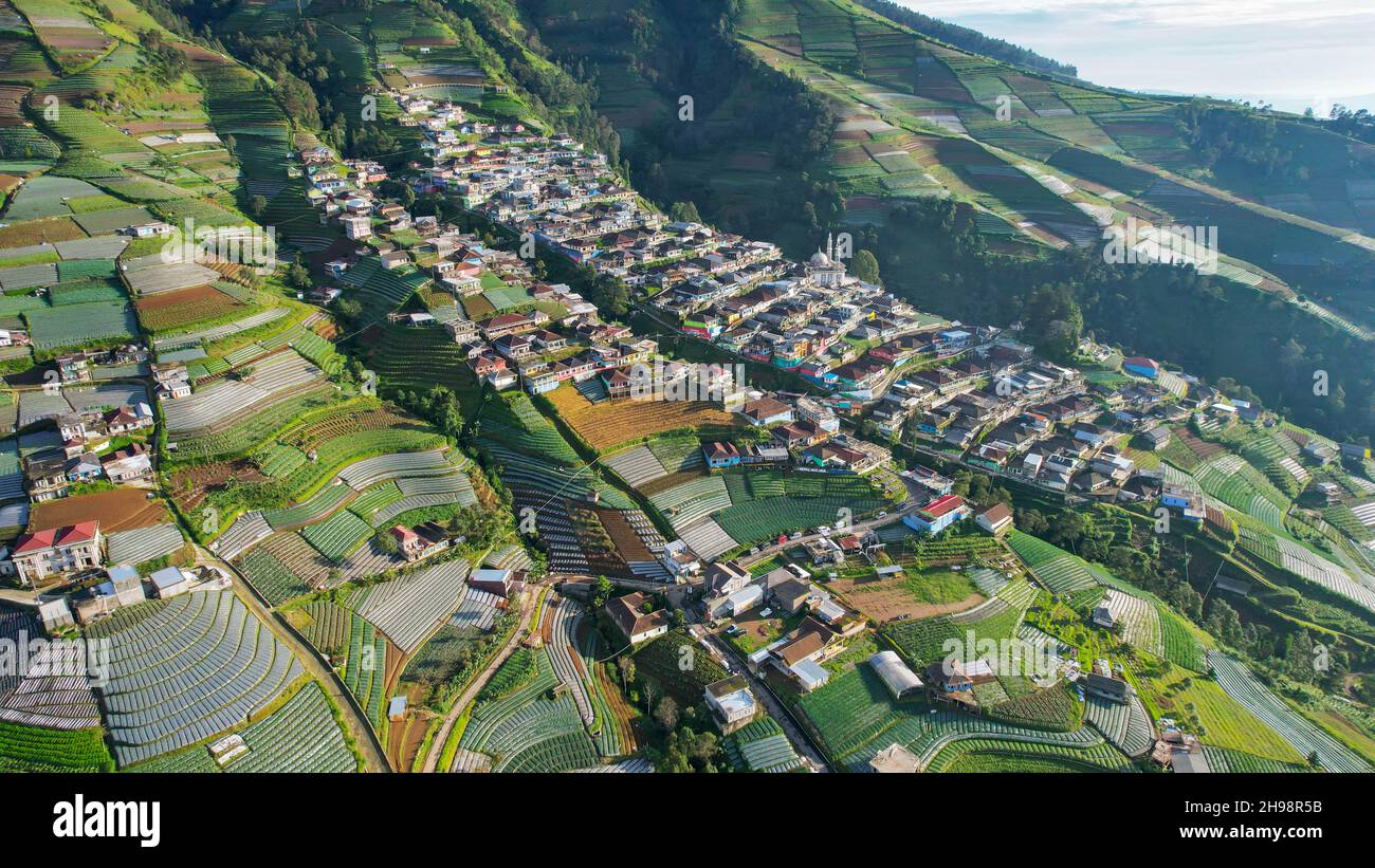 Aerial view of the Nepal van java is a Rural tour on the slopes of mount sumbing, The beauty of ...