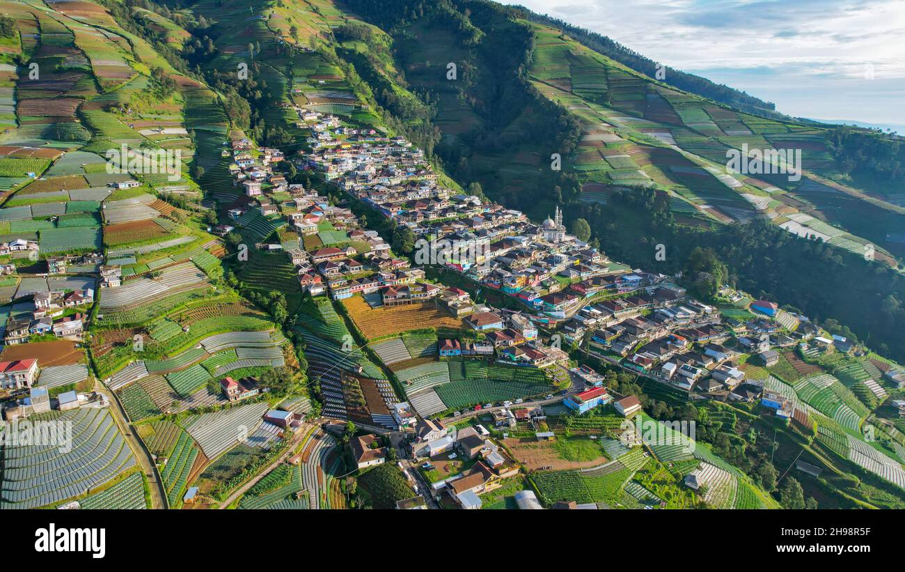 Aerial view of the Nepal van java is a Rural tour on the slopes of mount sumbing, The beauty of ...