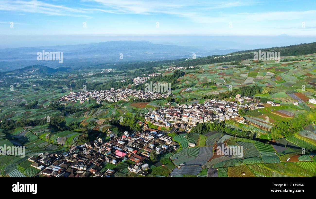 Aerial view of the Nepal van java is a Rural tour on the slopes of mount sumbing, The beauty of ...
