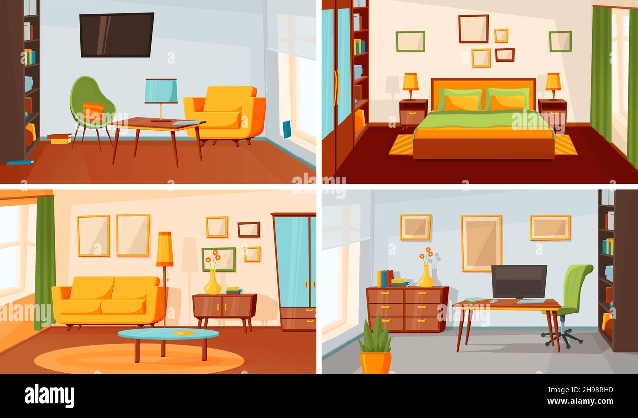 Home interior kit. Living room, bedroom, house library and parlor ...