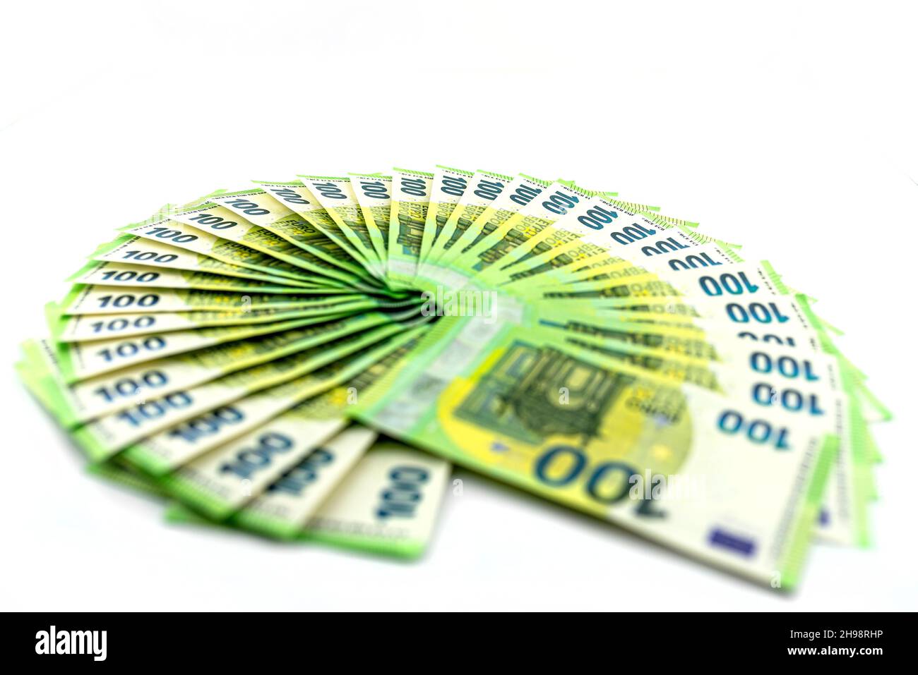 Macro photo of the European Union 100 EURO banknote, bills arranged in ...