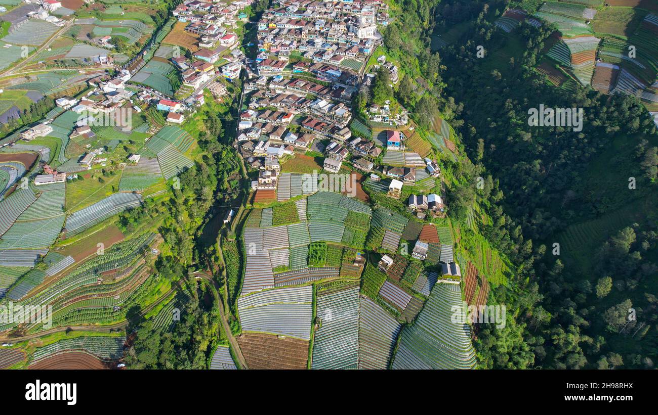 Aerial view of the Nepal van java is a Rural tour on the slopes of mount sumbing, The beauty of ...