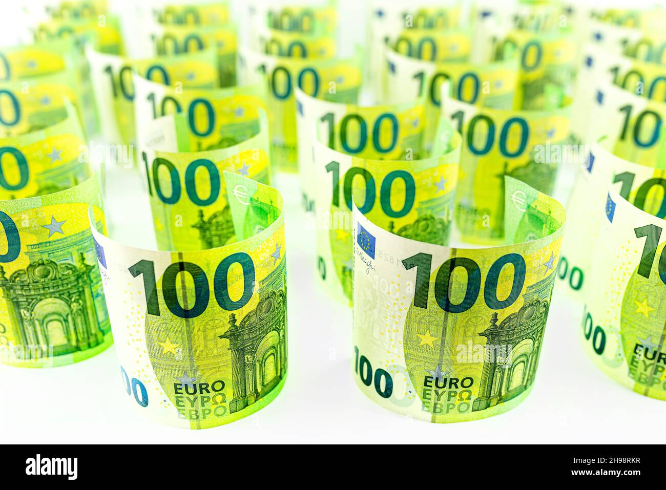 Macro photo of the European Union 100 EURO banknote, banknotes rolled ...