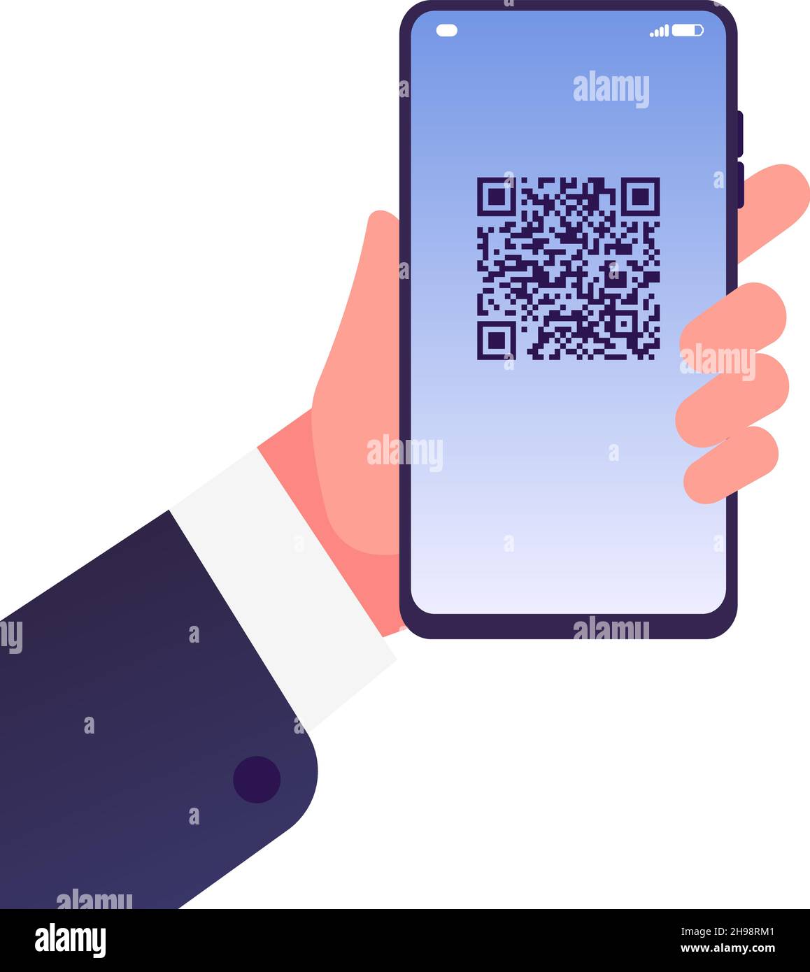 QR code on screen. Hand hold smartphone with personal id barcode. Flat ...