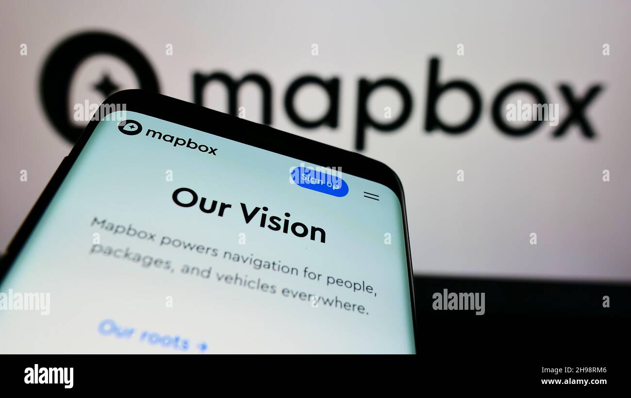 Smartphone with website of US custom online maps company Mapbox Inc. on ...