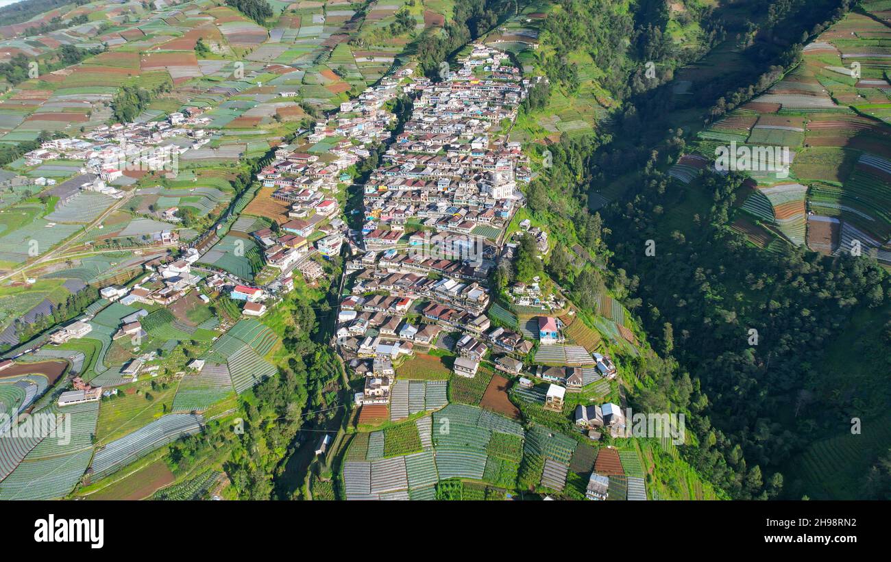 Aerial view of the Nepal van java is a Rural tour on the slopes of mount sumbing, The beauty of ...