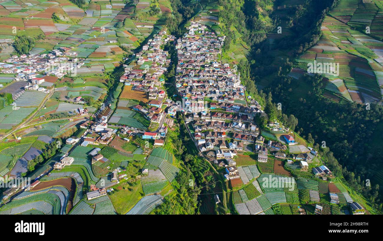 Aerial view of the Nepal van java is a Rural tour on the slopes of mount sumbing, The beauty of ...