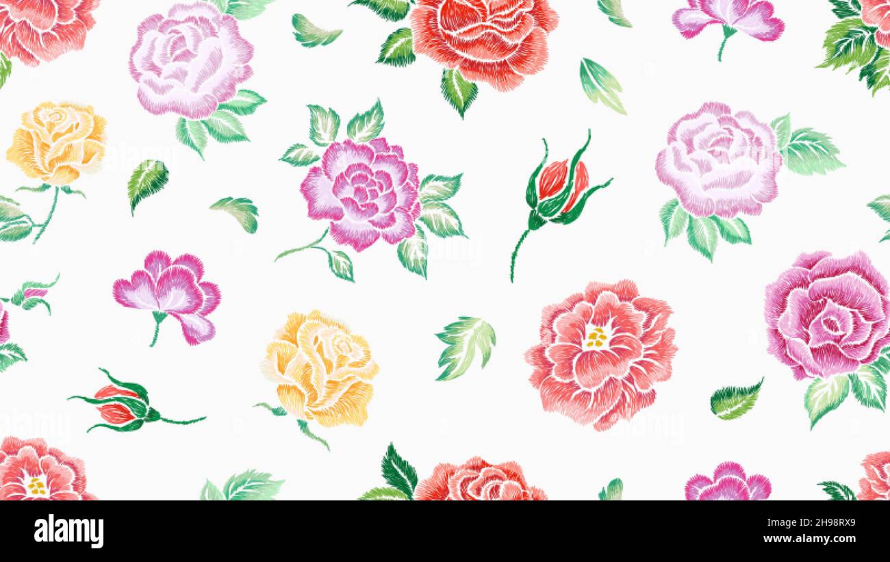 Sketched roses seamless pattern. Embroidery imitation template. Rose ...