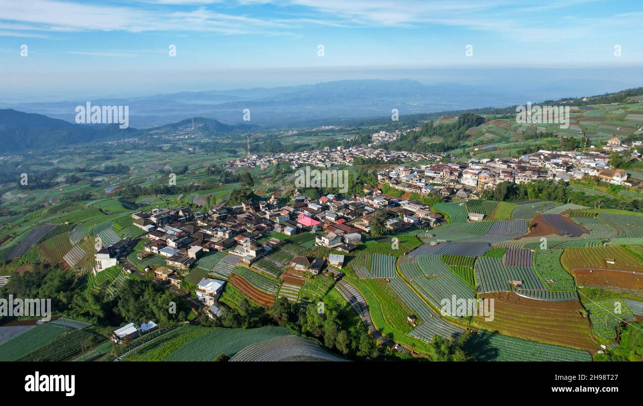 Aerial view of the Nepal van java is a Rural tour on the slopes of mount sumbing, The beauty of ...
