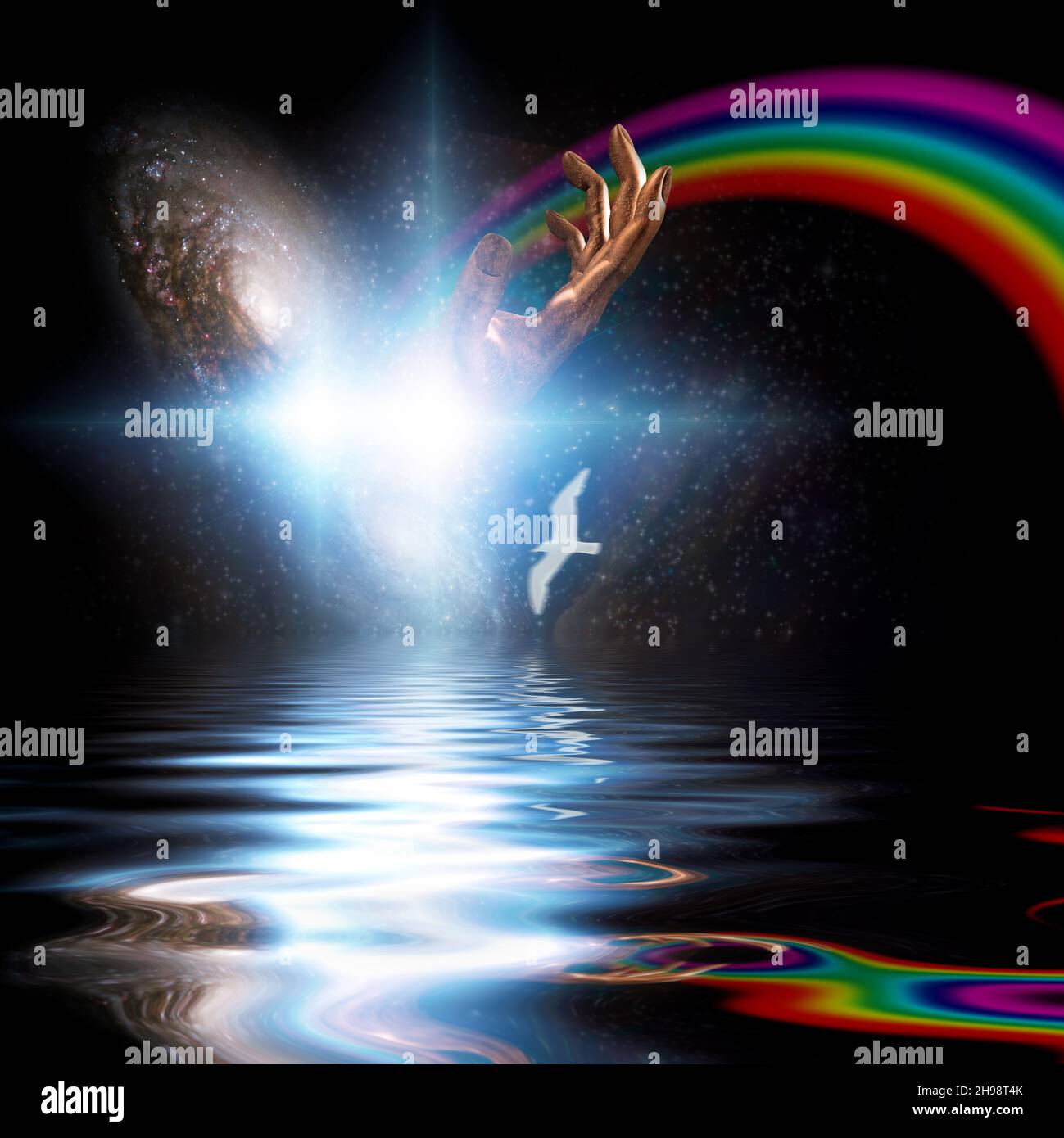 Spiritual or science background. Galaxy and rainbow. 3D rendering Stock ...