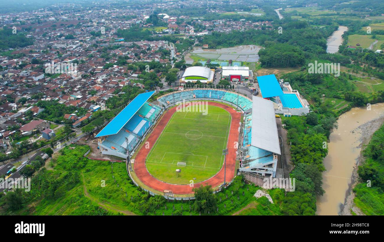 Aerial top down view of the Beautiful scenery of Moch. Soebroto Stadium ...