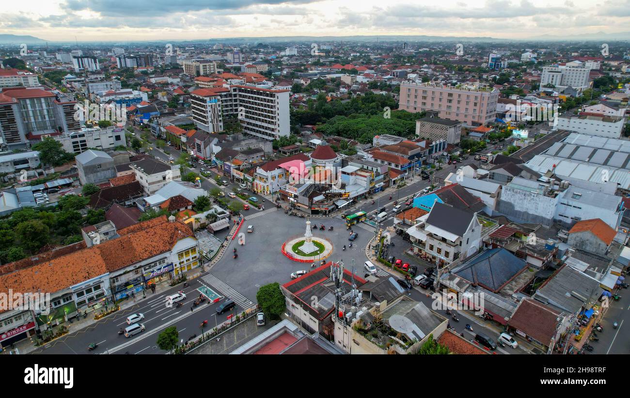 Aerial view of the tugu jogja or known as tugu pal is the iconic landmark of Yogyakarta. Central ...