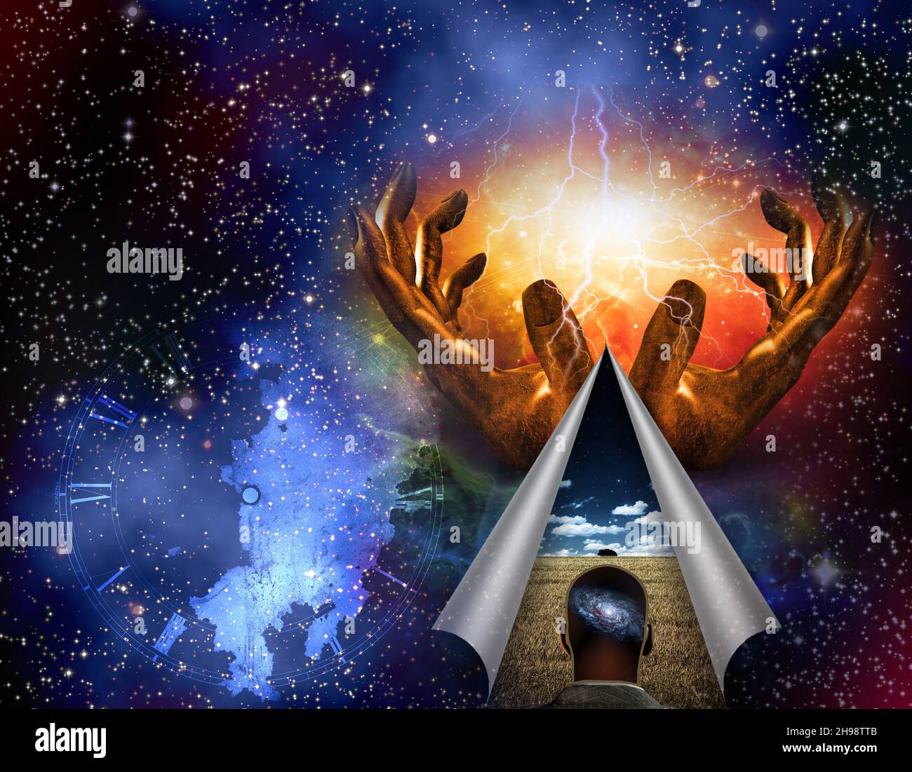Man with galaxy mind and gesturing hands. 3D rendering Stock Photo - Alamy