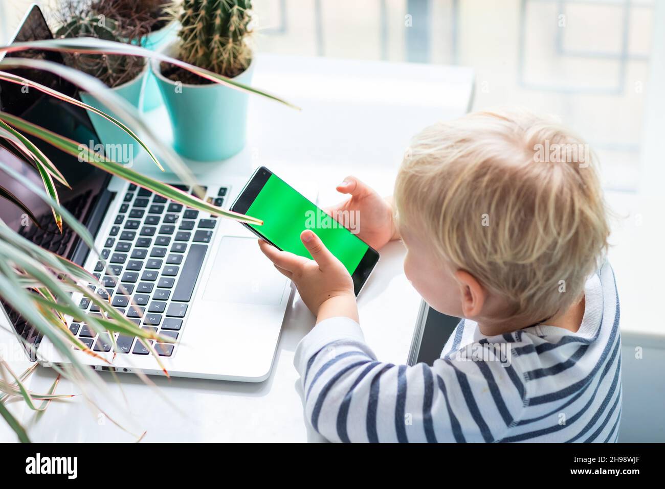 Cute baby boy watching, playing on the phone, focus on chromakey green ...