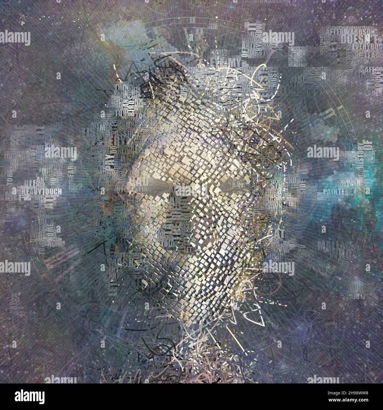 Surrealism. Human face mask made of cubes. Clock face. Words. 3D ...