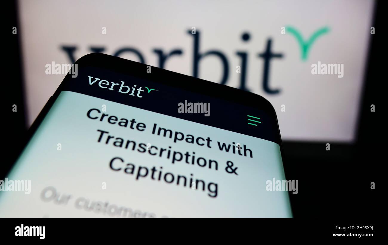 Mobile phone with website of US automated transcription company Verbit ...
