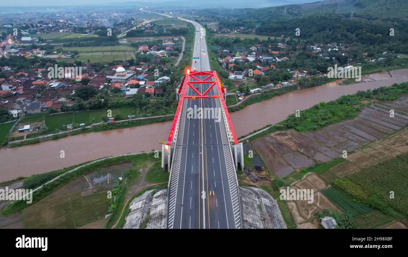Aerial view of the Kalikuto Bridge, an Iconic Red Bridge at Trans Java ...