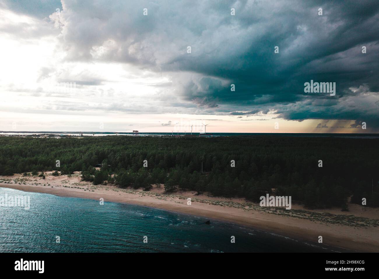 An aerial view of the sandy beach and green forest near the sea Stock ...