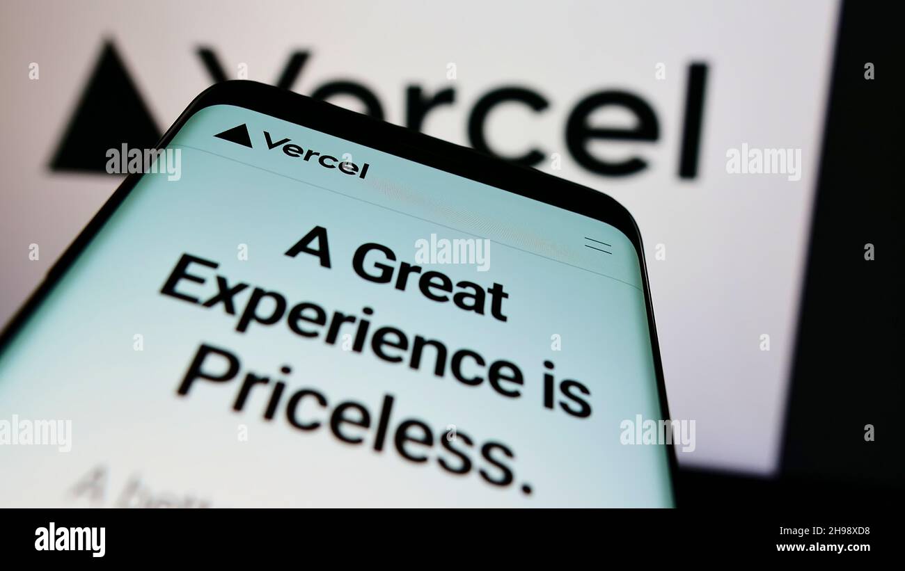 Cellphone with webpage of US software development company Vercel Inc ...