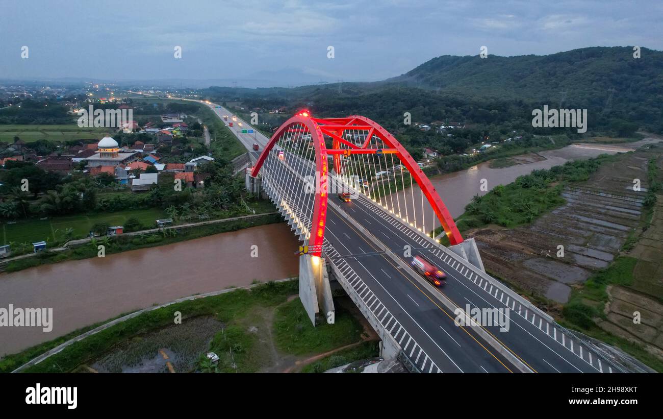 Aerial view of the Kalikuto Bridge, an Iconic Red Bridge at Trans Java ...
