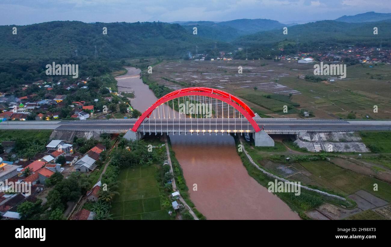 Aerial view of the Kalikuto Bridge, an Iconic Red Bridge at Trans Java ...