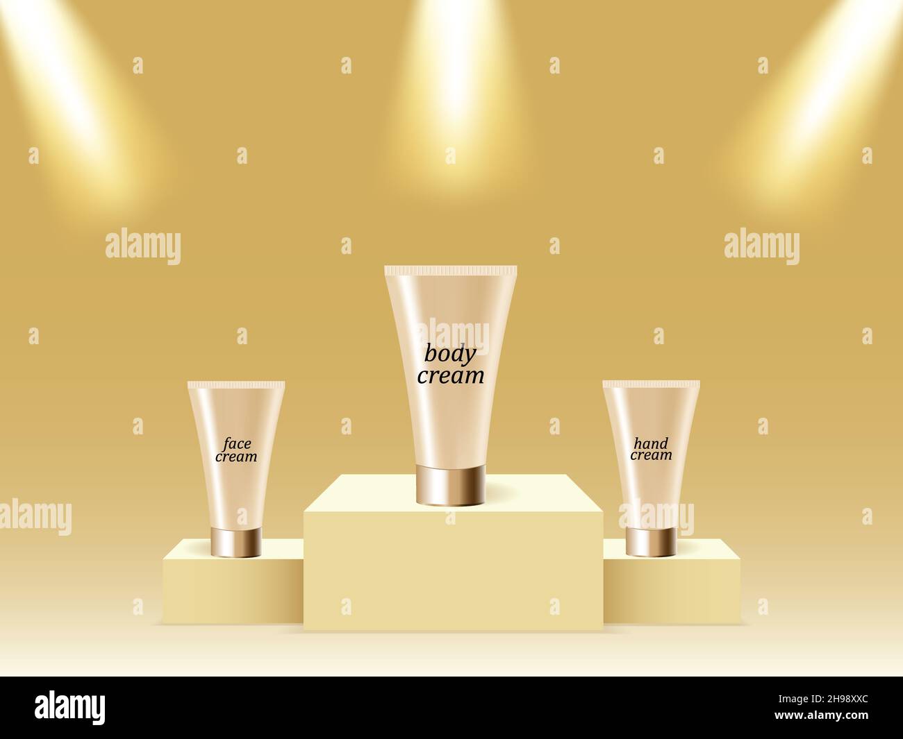 Display stand for cosmetic products in golden color. Creams for face ...