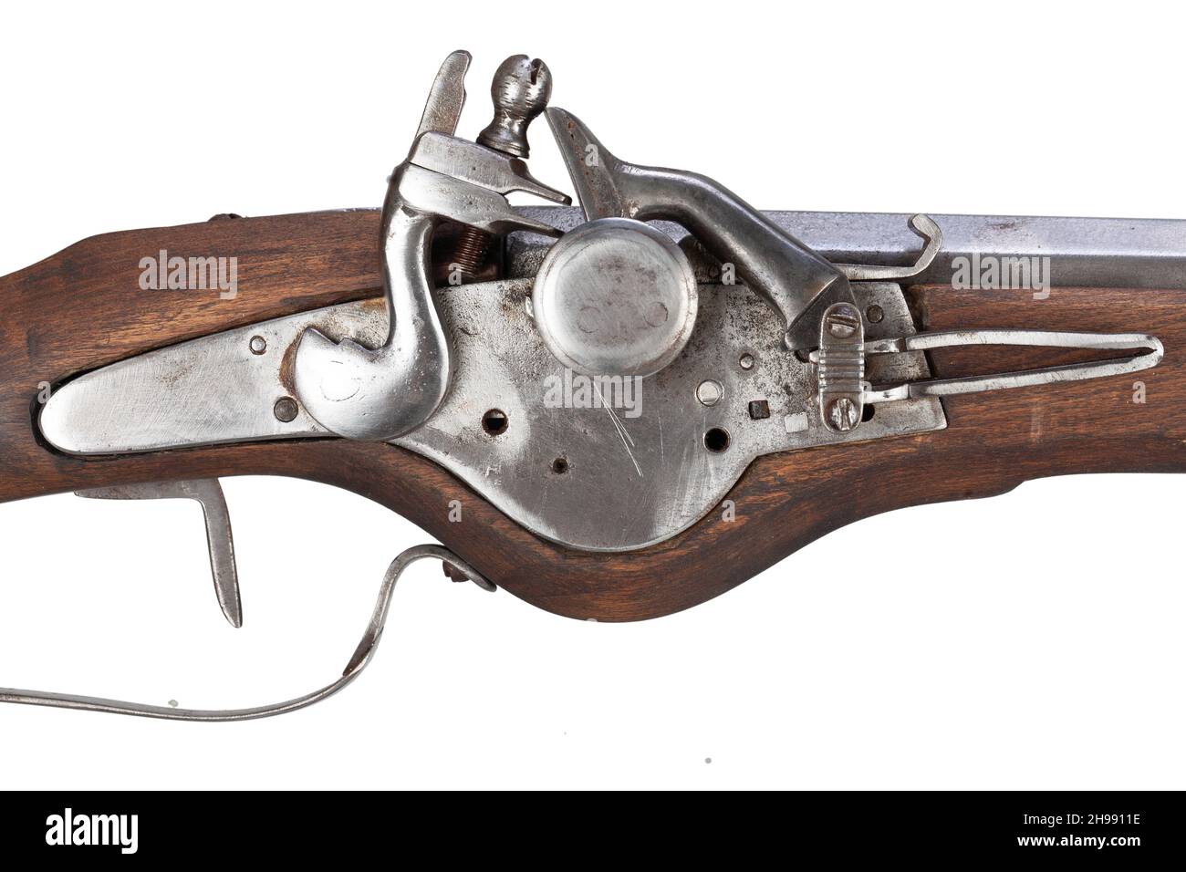 Close up detail view of flintlock from 17th century ancient flintlock ...