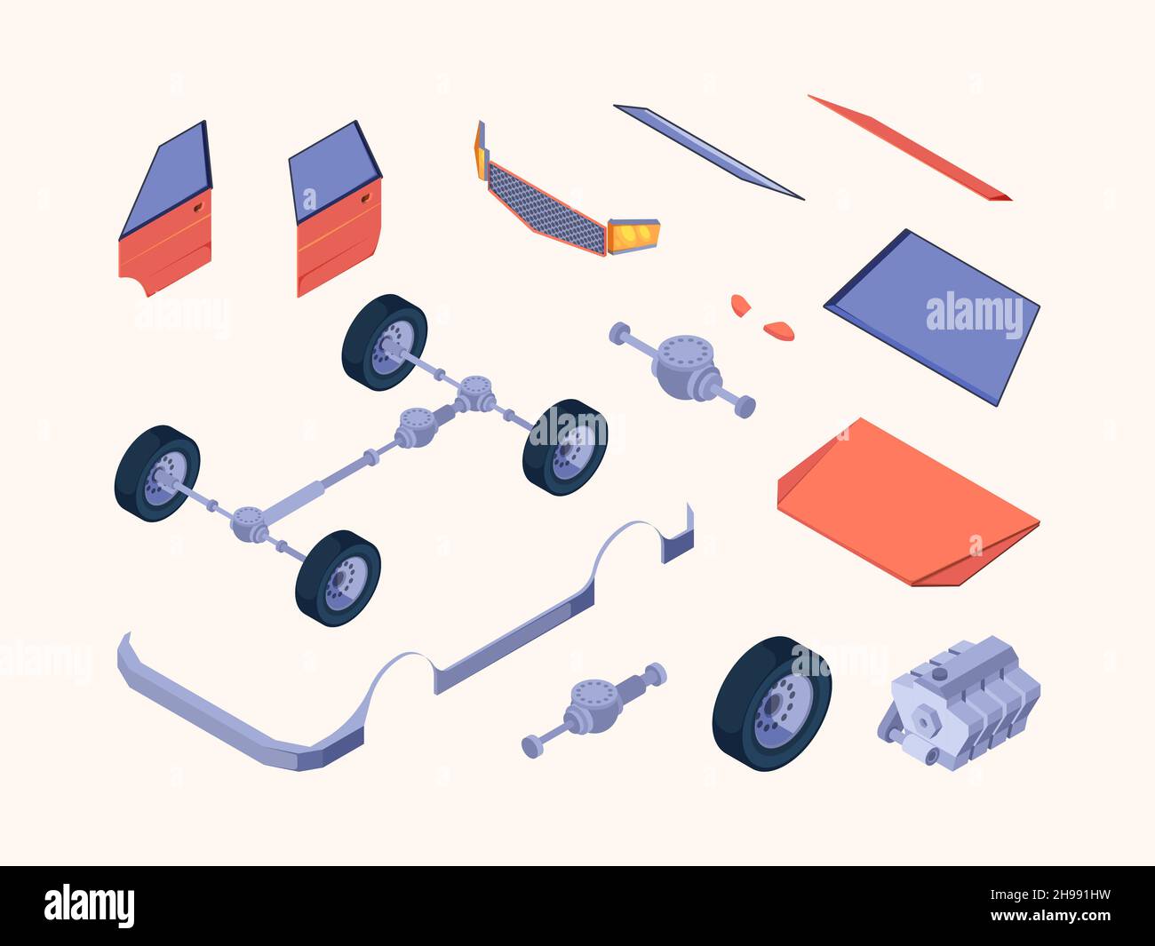 Car service parts. Isometric vehicle details turbo engine gears wheel ...