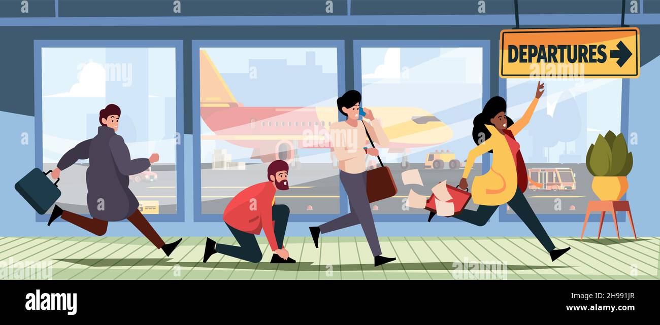 Late for plane. Travellers running to aviaterminal fast lifestyle rush ...