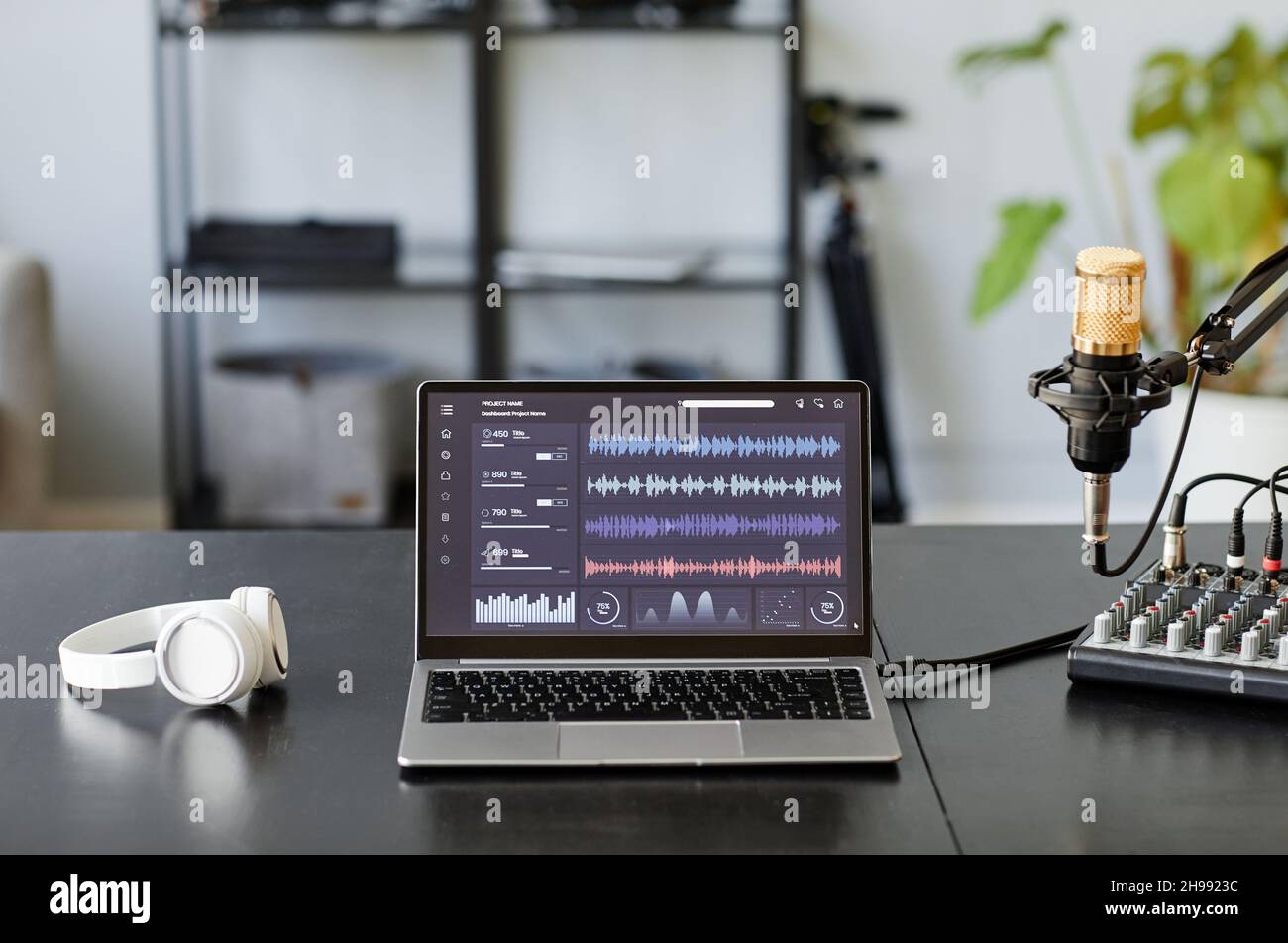 Background image of recording studio with microphone and audio tracks ...