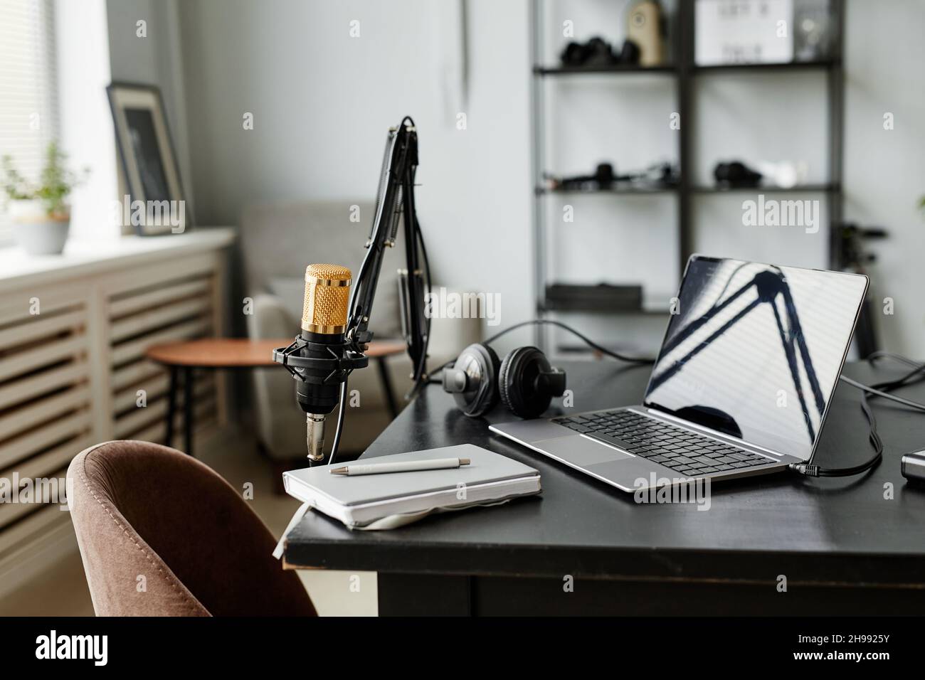 Background image of recording studio interior with microphone on stand ...