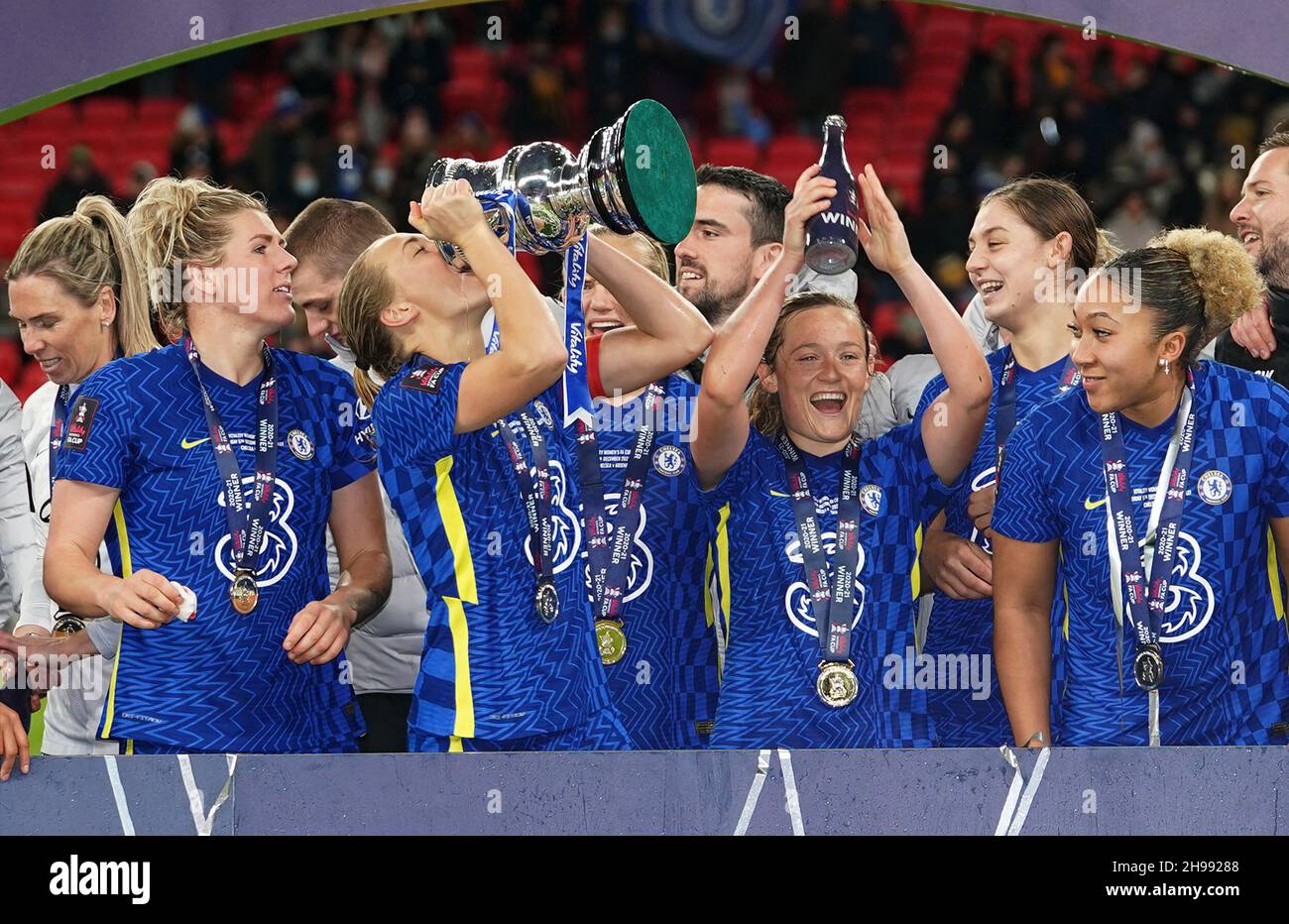 Chelsea's Magdalena Eriksson (centre) celebrates with the trophy after ...