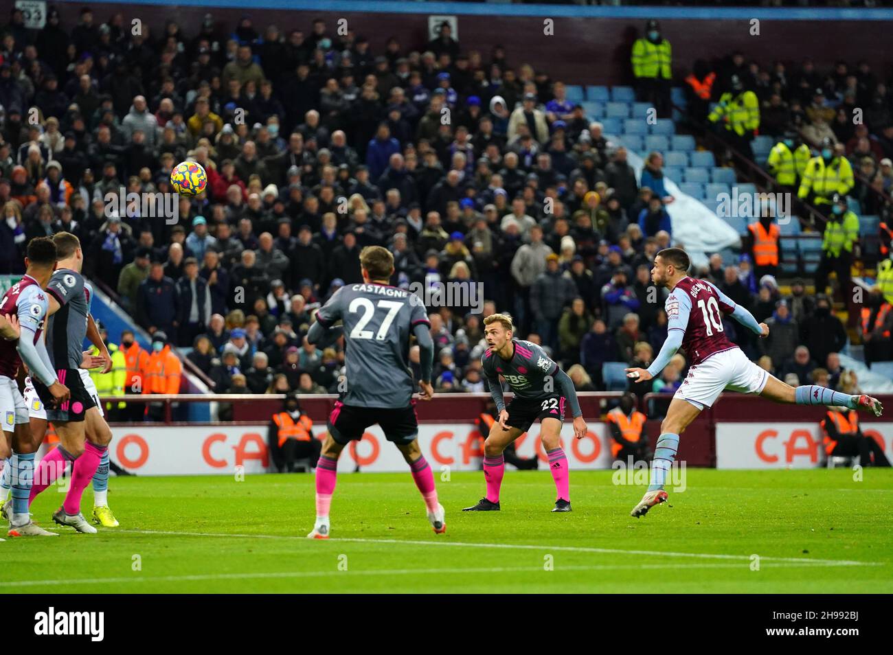 Aston Villa's Emiliano Buendia heads towards goal before team-mate Ezri ...