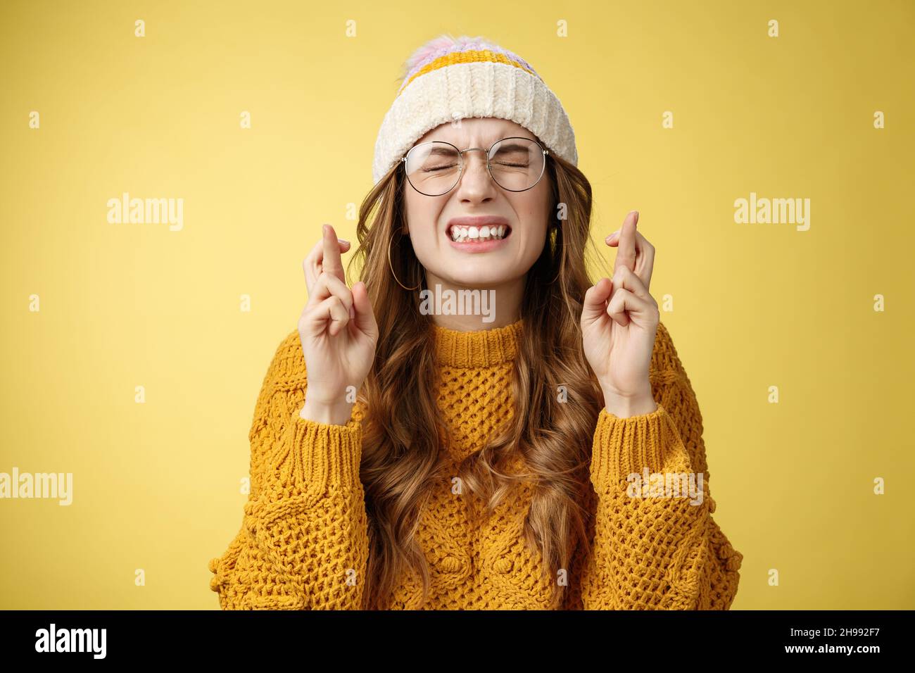 Close-up worried extremely nervous cute nerdy girl college student ...