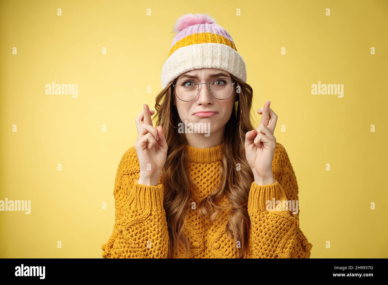 Nervous insecure unconfident cute nerd girl university student wearing ...