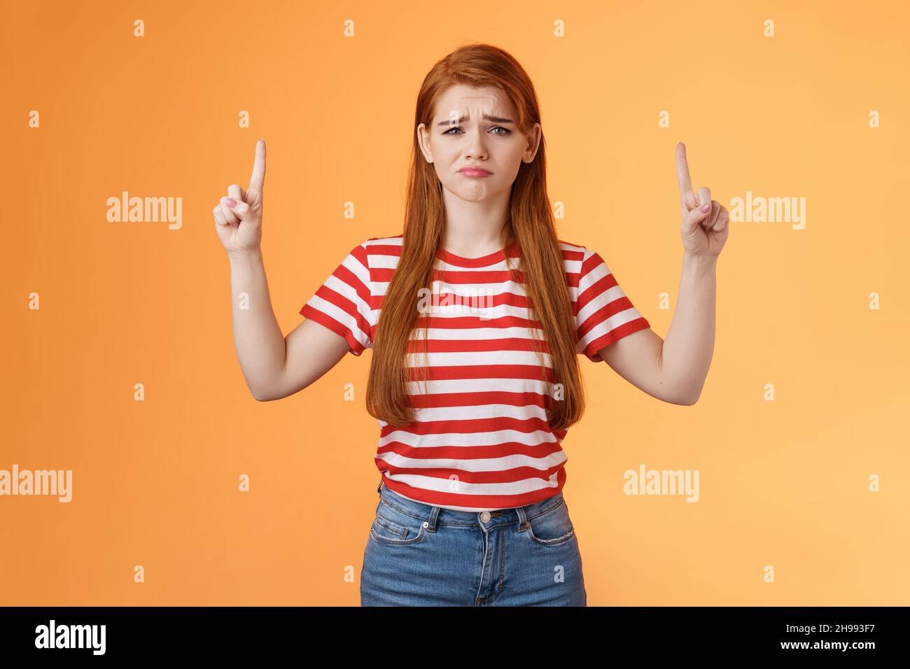 Disappointed upset cute whining timid redhead girl, gloomy face ...