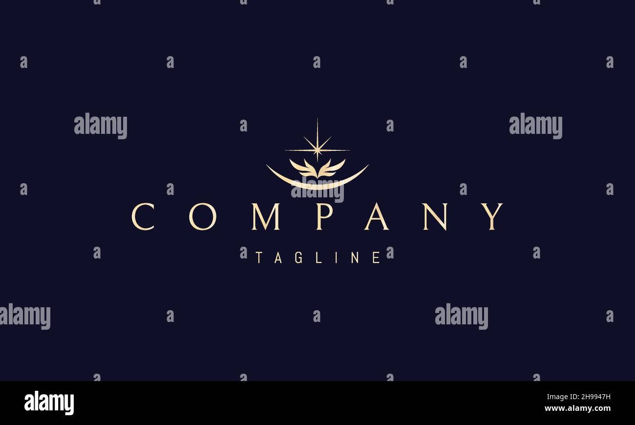 Vector golden logo with an abstract image of the moon, wings and stars ...