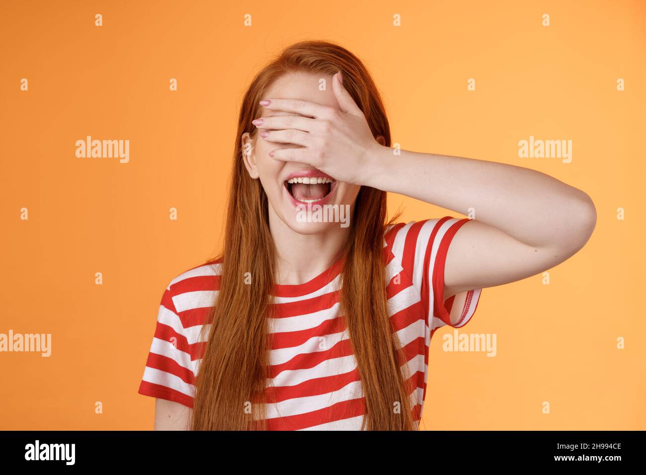 Enthusiastic cute happy redhead woman celebrate birthday counting ten ...